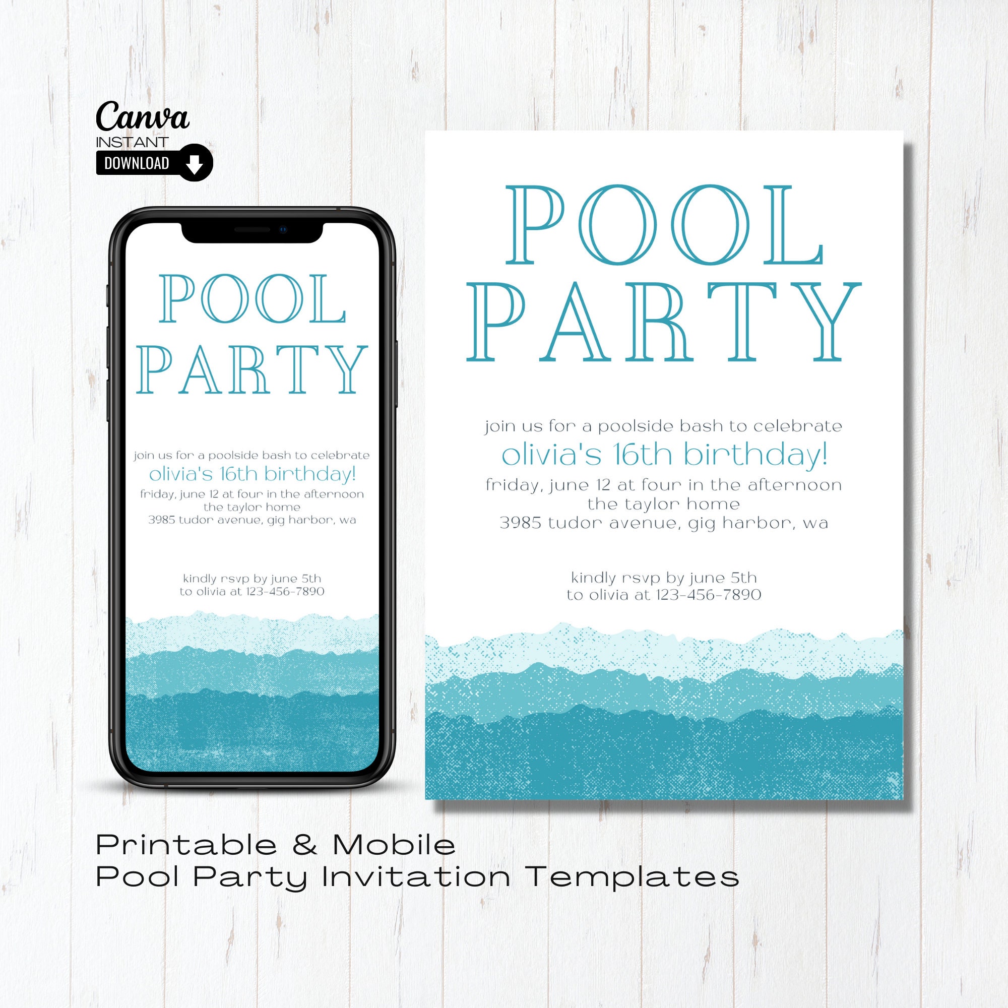 Editable Pool Party Invite, Printable Pool Party Birthday Invitation ...