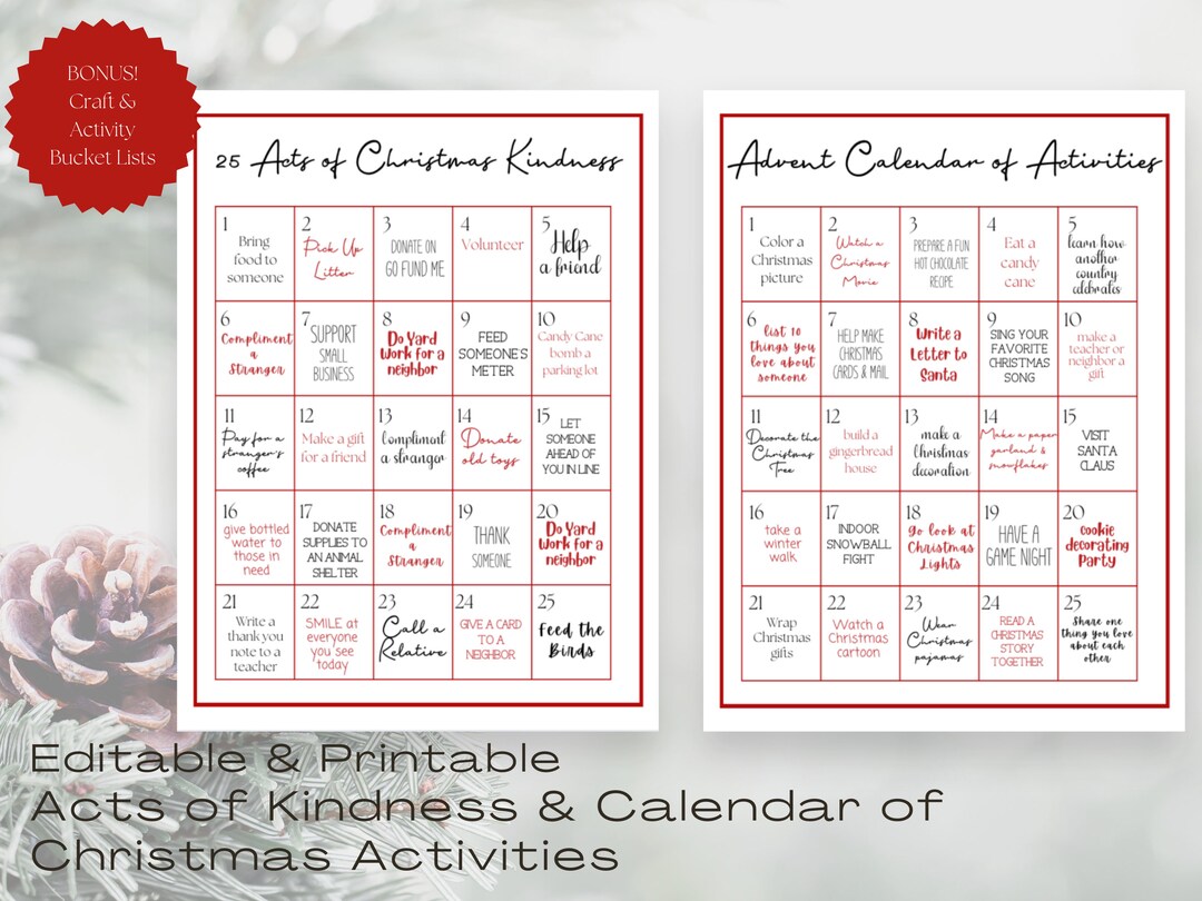 Christmas Acts of Kindness Calendar Printable Editable Advent - Etsy UK