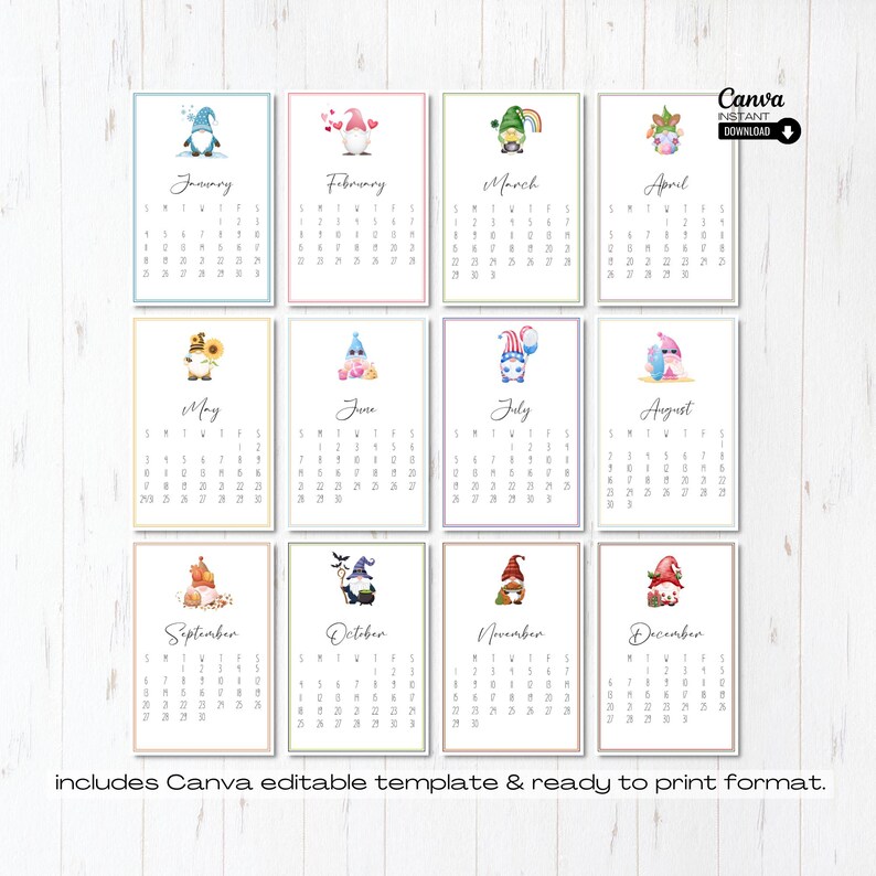 2026 Gnome Mini Desk Calendar: Printable Canva Template (digital ...