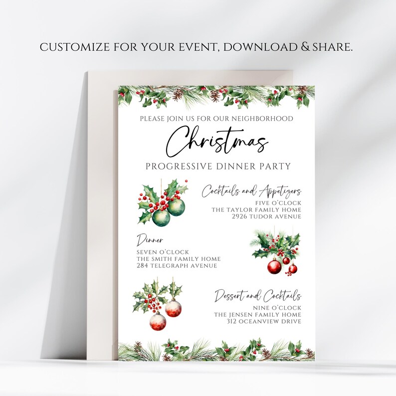 Christmas Progressive Dinner Party Invitation: Editable Holiday Potluck ...