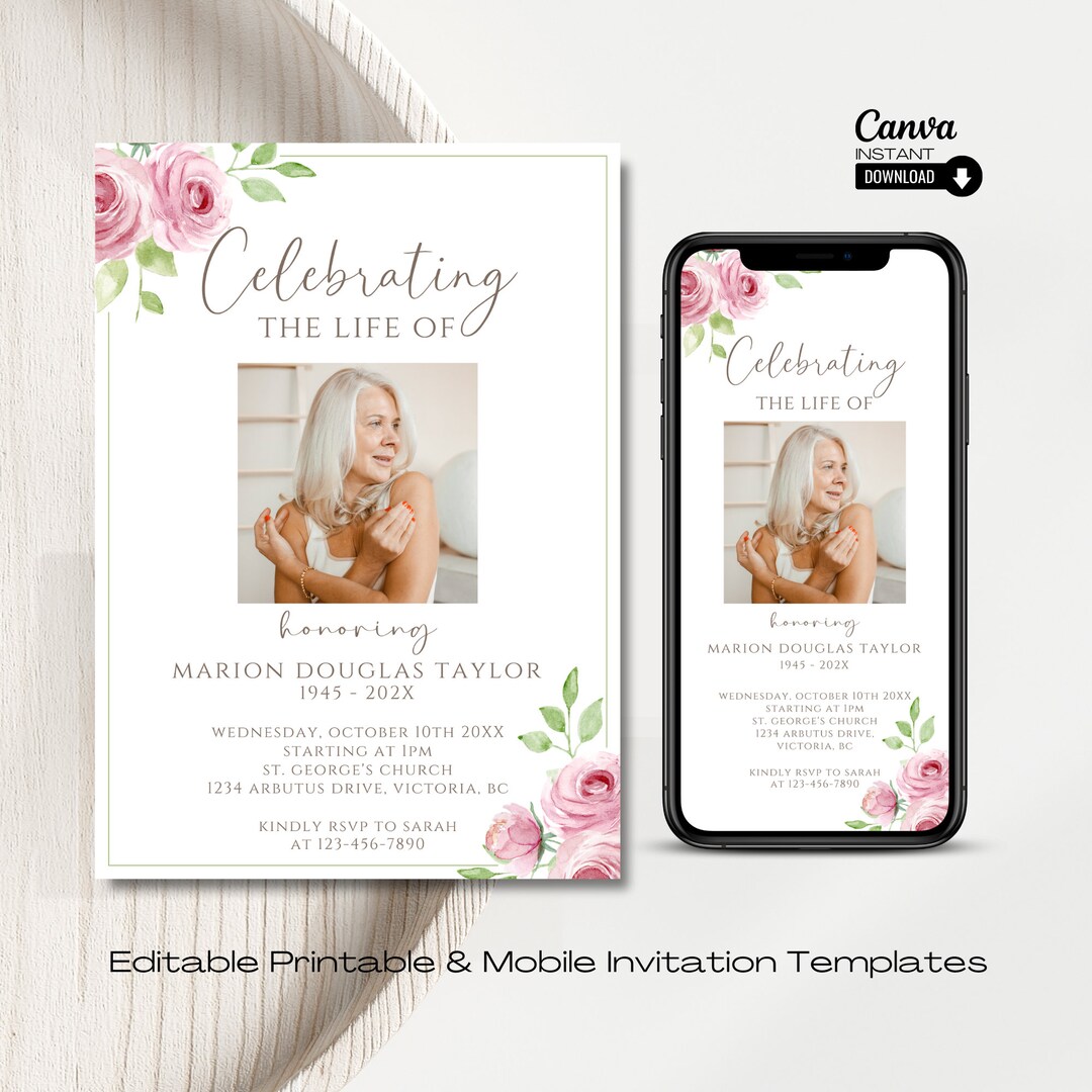 Celebration of Life Invitation, Funeral Announcement, Editable Memorial ...