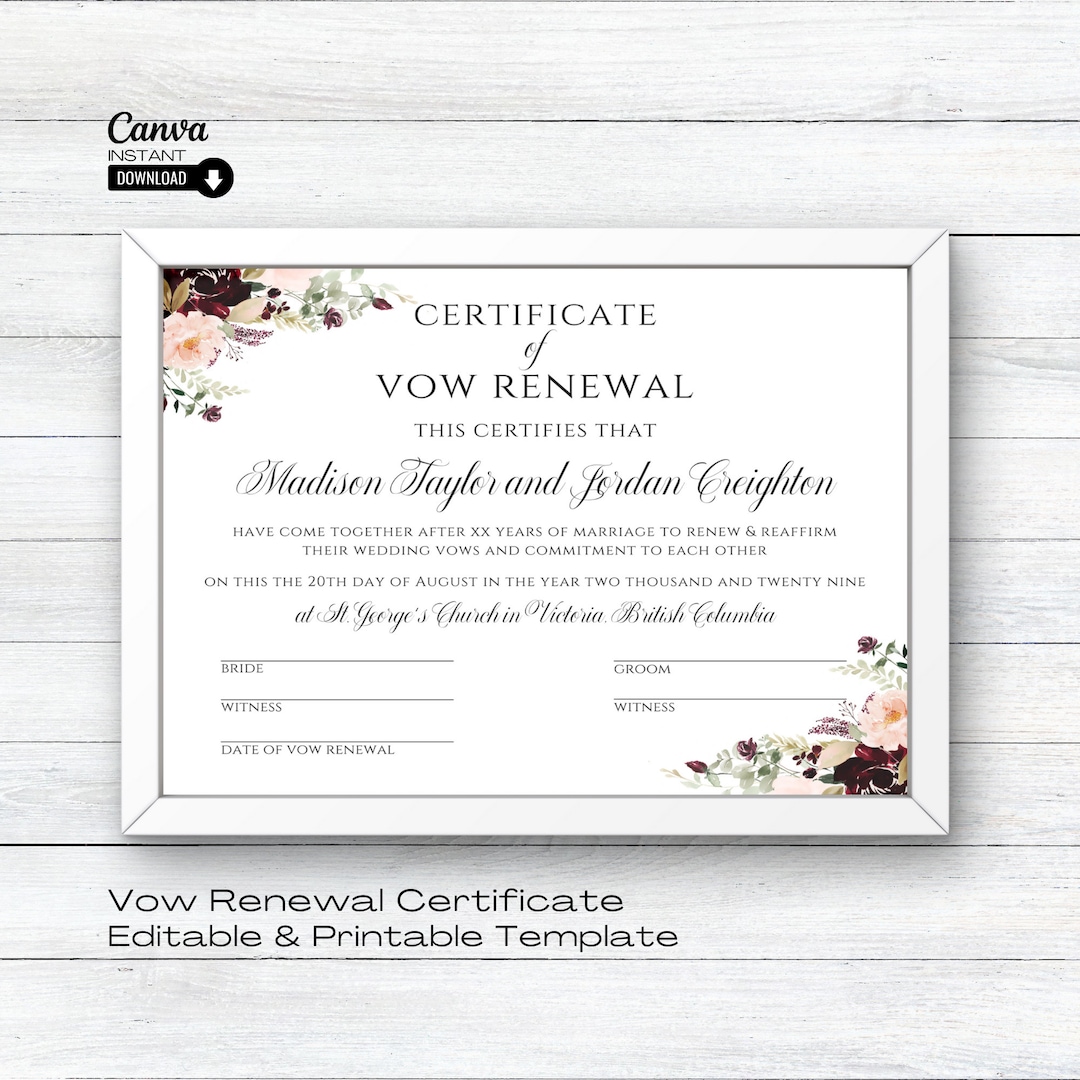 Editable Vow Renewal Certificate: Floral Wedding Keepsake (digital ...