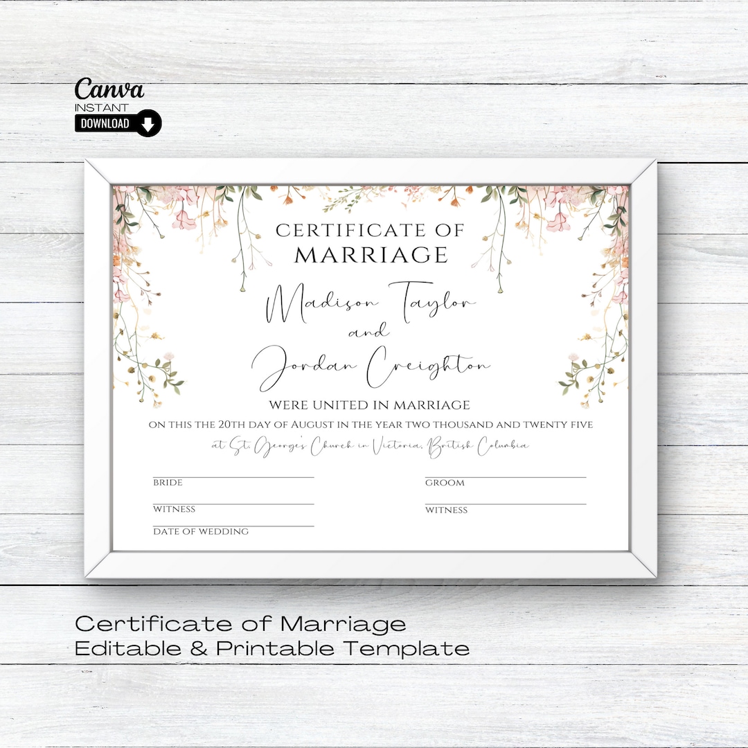 Editable Wedding Certificate Template: Wildflower Marriage Keepsake ...