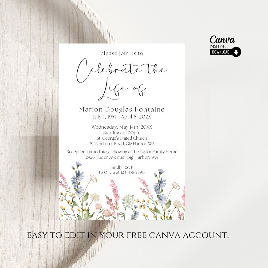 Celebration of Life Invitation: Watercolor Floral Memorial (digital ...