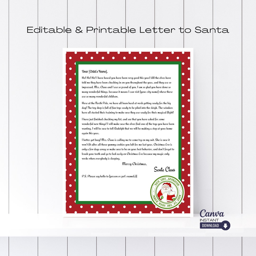 Editable Santa Letter Template, Letter From Santa Template, Christmas ...