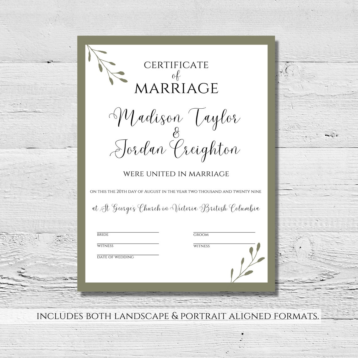 Editable Wedding Certificate Template: Botanical Accents (canva) - Etsy