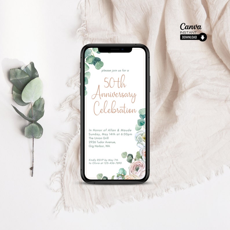 Editable 50th Anniversary Invitation: Floral Canva Template (digital ...