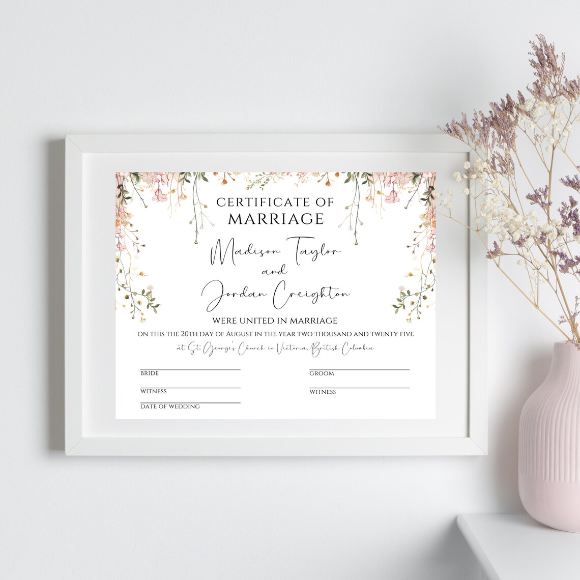 Editable Wedding Certificate Template: Wildflower Marriage Keepsake ...