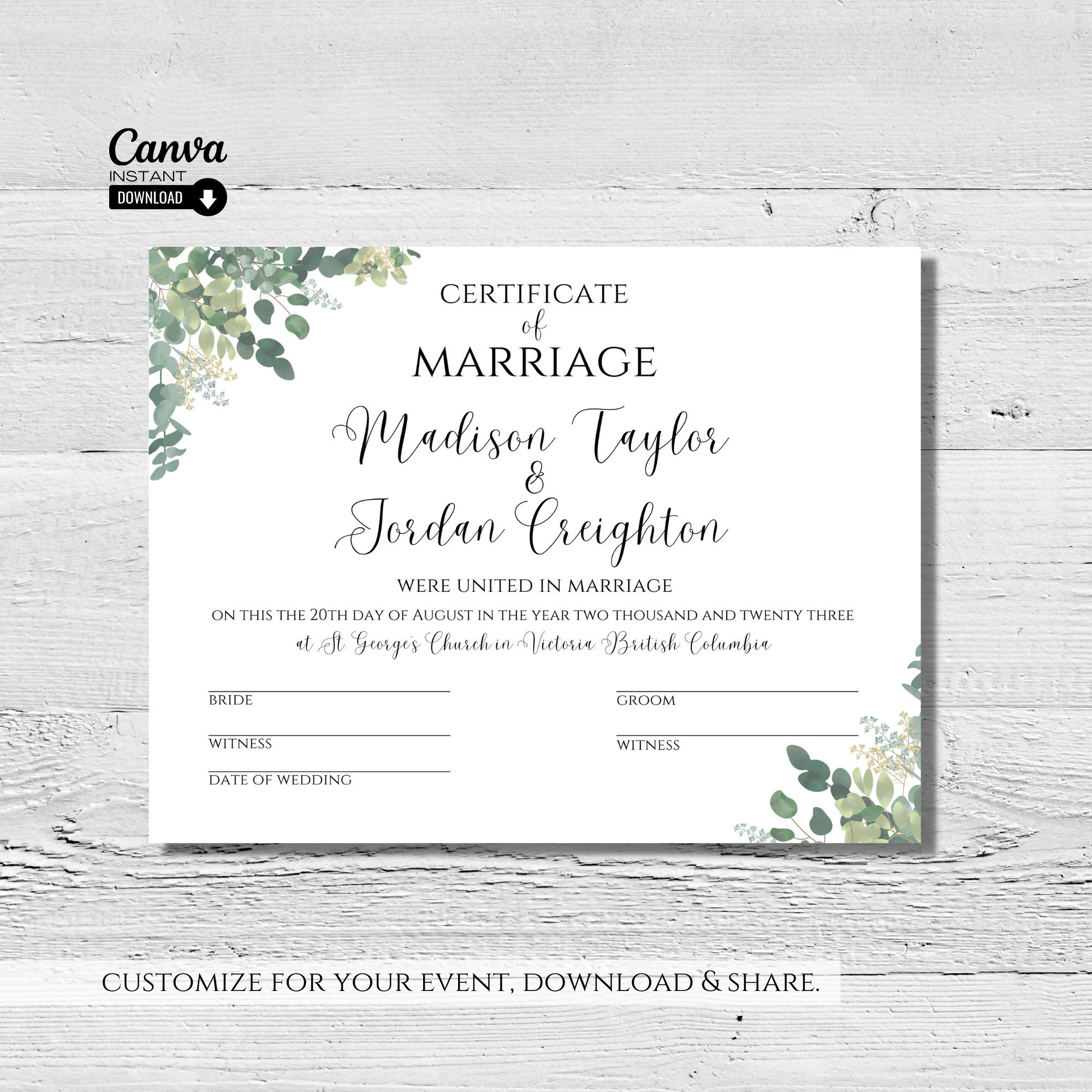 Editable Wedding Certificate Template: Eucalyptus Design (canva) - Etsy