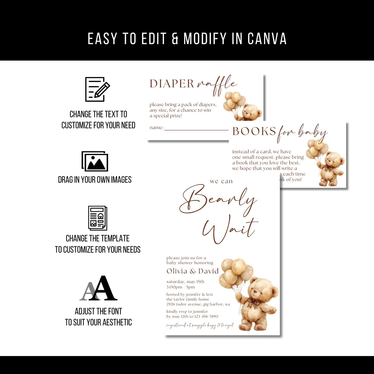 Teddy Bear Baby Shower Invitation Bundle: Gender Neutral Canva Template ...