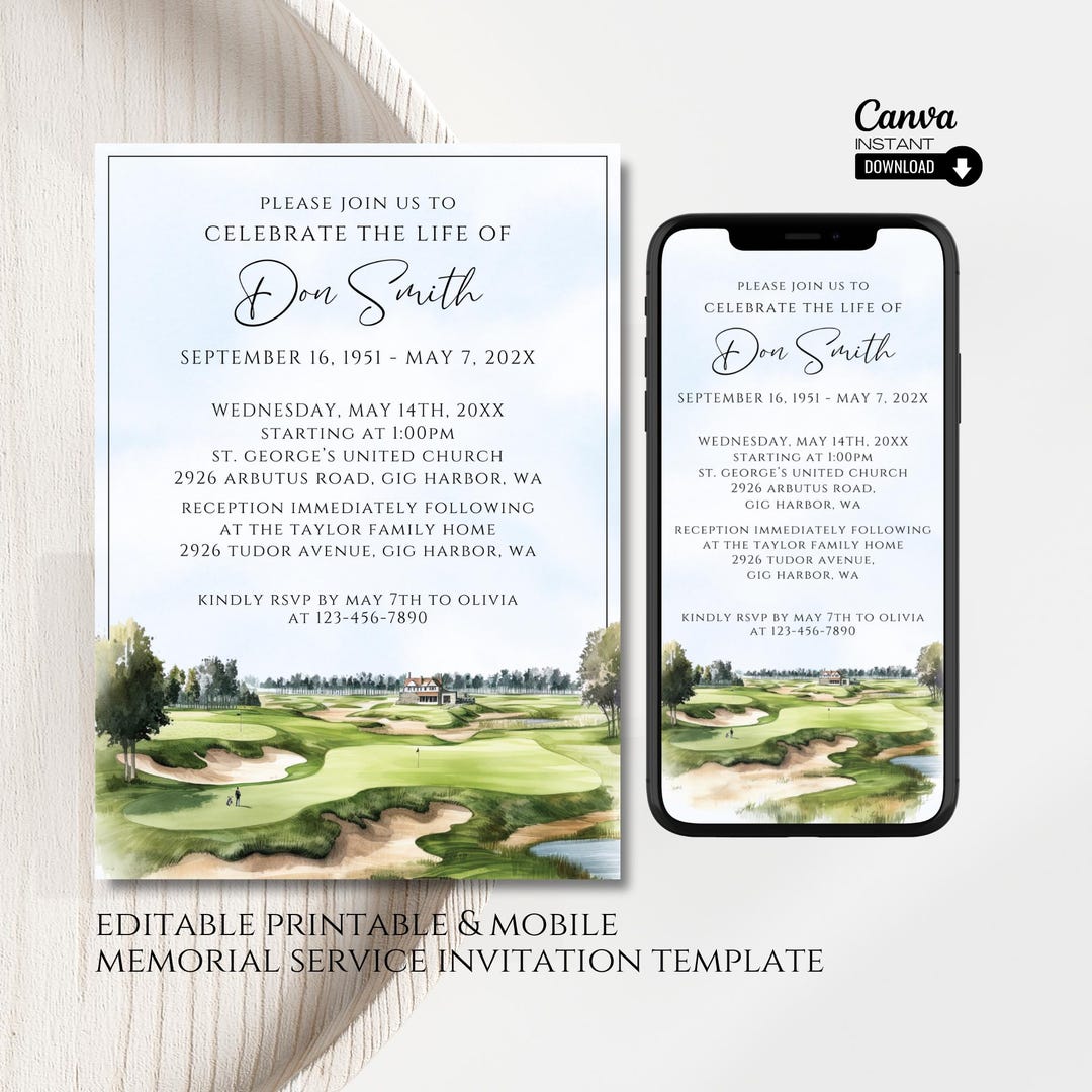 Golfer Celebration of Life Invitation: Golf Funeral Announcement (canva ...