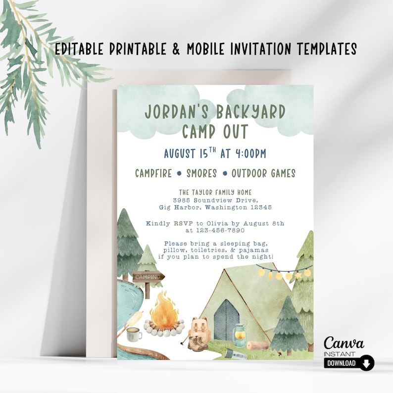 Editable Camping Birthday Invitation: S'mores Party Campout (canva ...