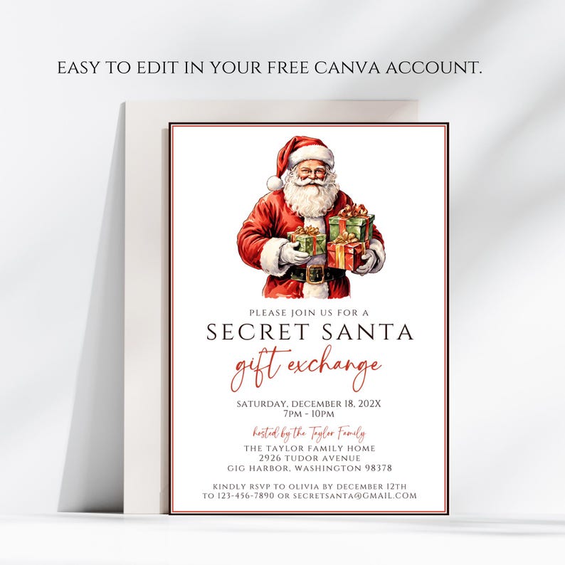 Editable Secret Santa Invitation Canva Template, Printable Secret Santa Invitation, Holiday Gift ...