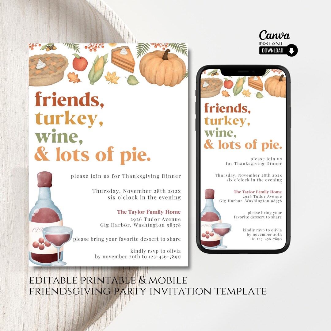 Editable Friendsgiving Invitation, Retro Thanksgiving Invitation ...