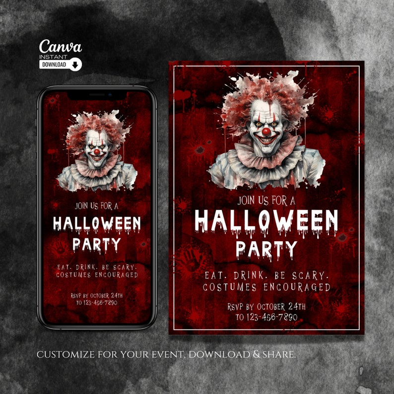 Editable Scary Clown Halloween Party Invitation Template, Printable ...