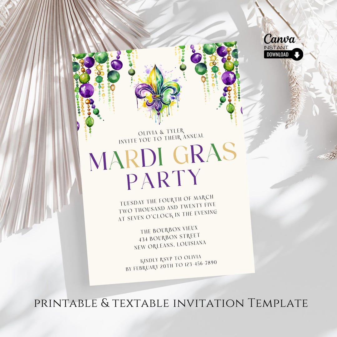 Editable Mardi Gras Party Invitation: Masquerade Ball, Carnival Evite ...