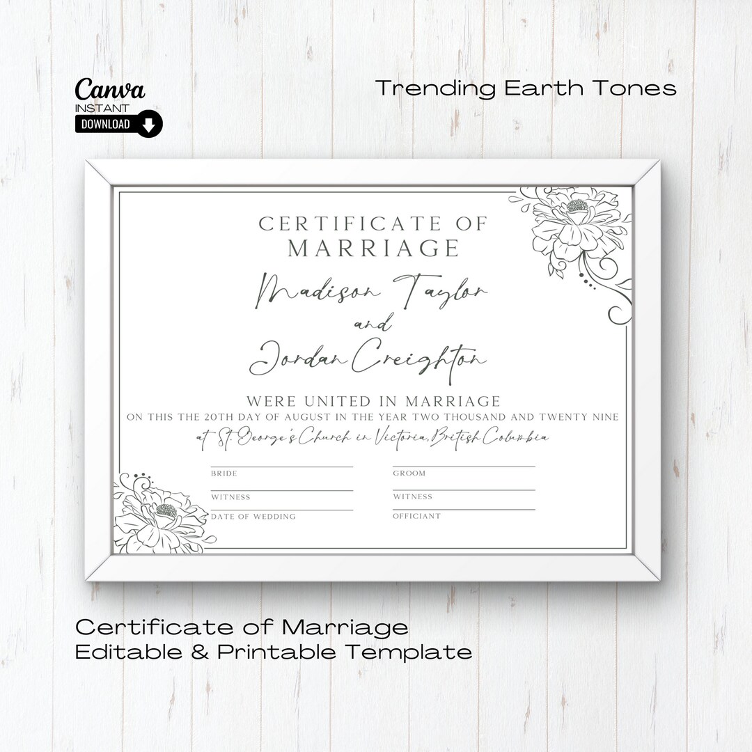 Editable Wedding Certificate Template: Earth Tone Floral Design (canva ...