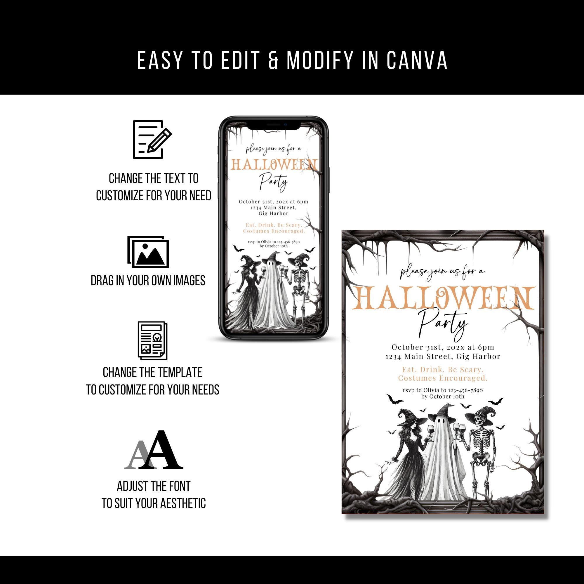 Editable Halloween Costume Party Invitation: Printable Canva Template ...