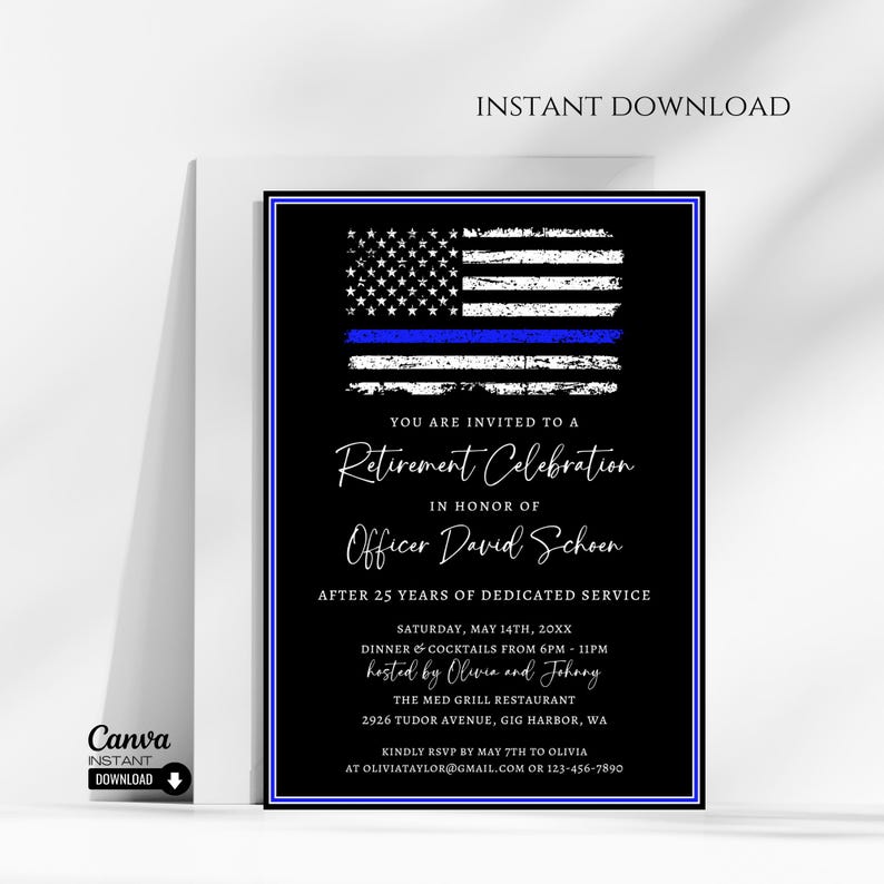 Police Retirement Party Invitation: Blue Line Flag (digital Download ...
