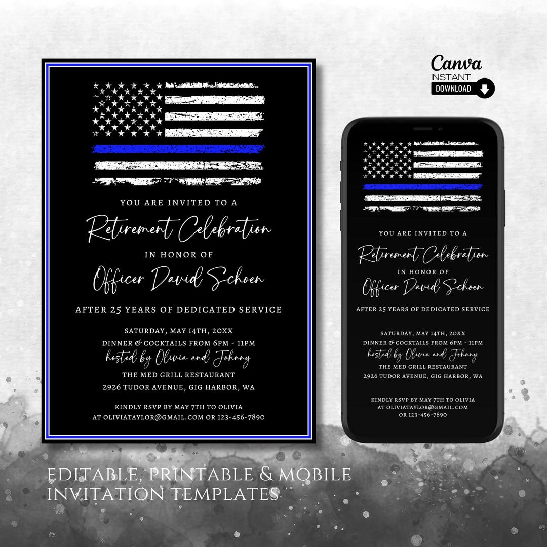 Police Retirement Party Invitation: Blue Line Flag (digital Download ...