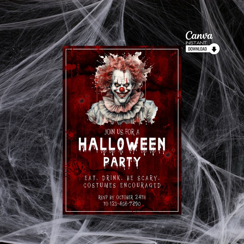 Editable Scary Clown Halloween Party Invitation Template, Printable ...