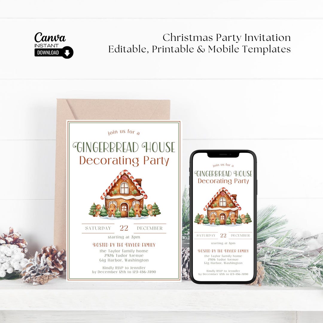 Editable Gingerbread House Decorating Party Invitation (canva Template ...