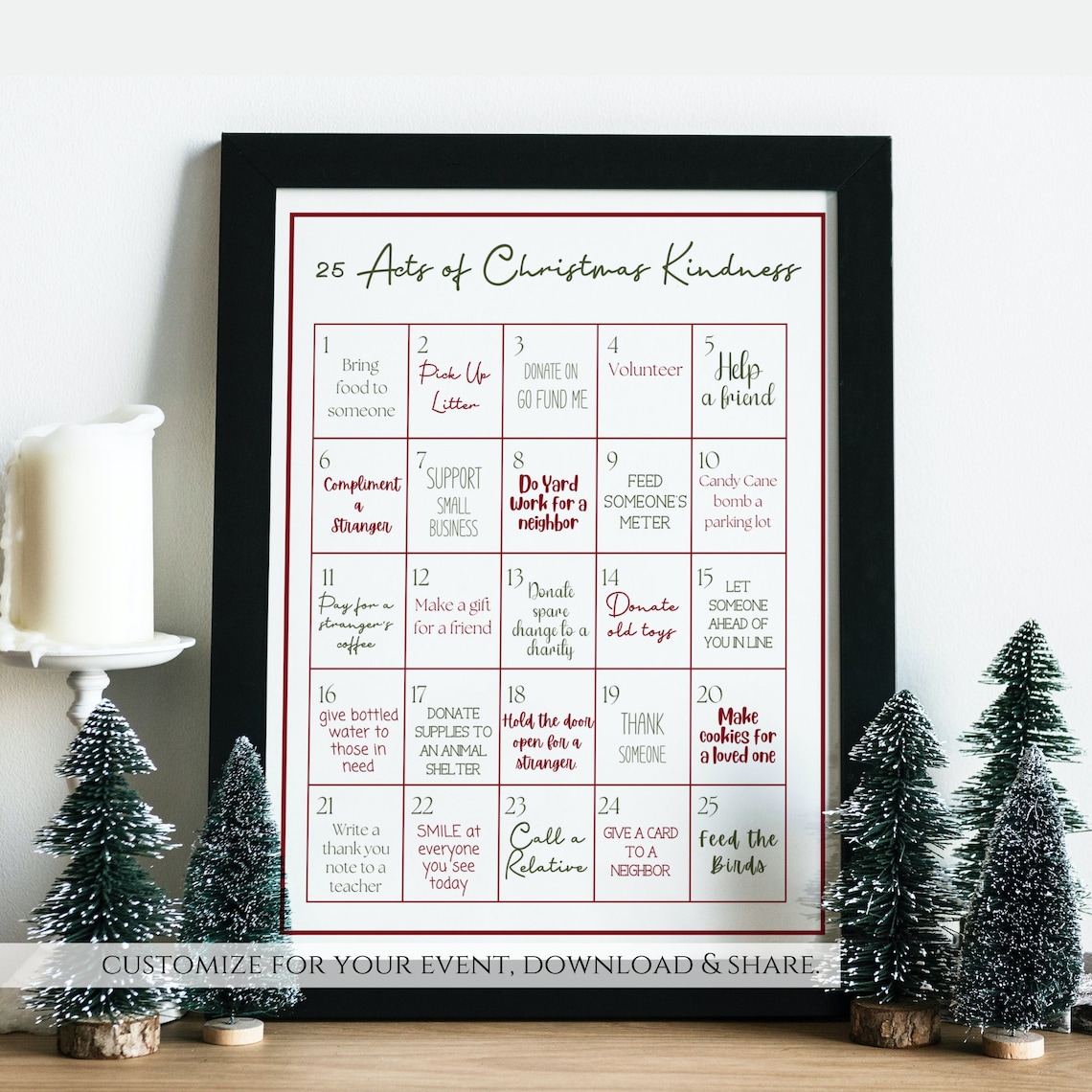Christmas Acts of Kindness Calendar Printable Editable Advent - Etsy