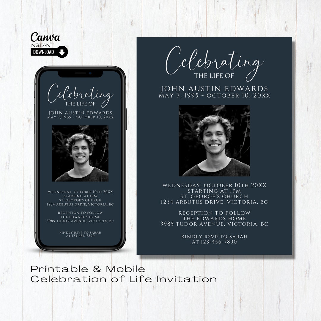 Celebration of Life Invitation, Funeral Announcement, Editable Memorial ...