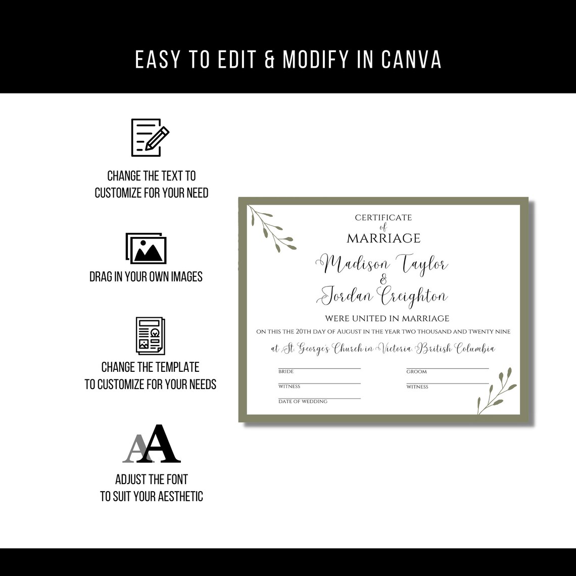 Editable Wedding Certificate Template: Botanical Accents (canva) - Etsy
