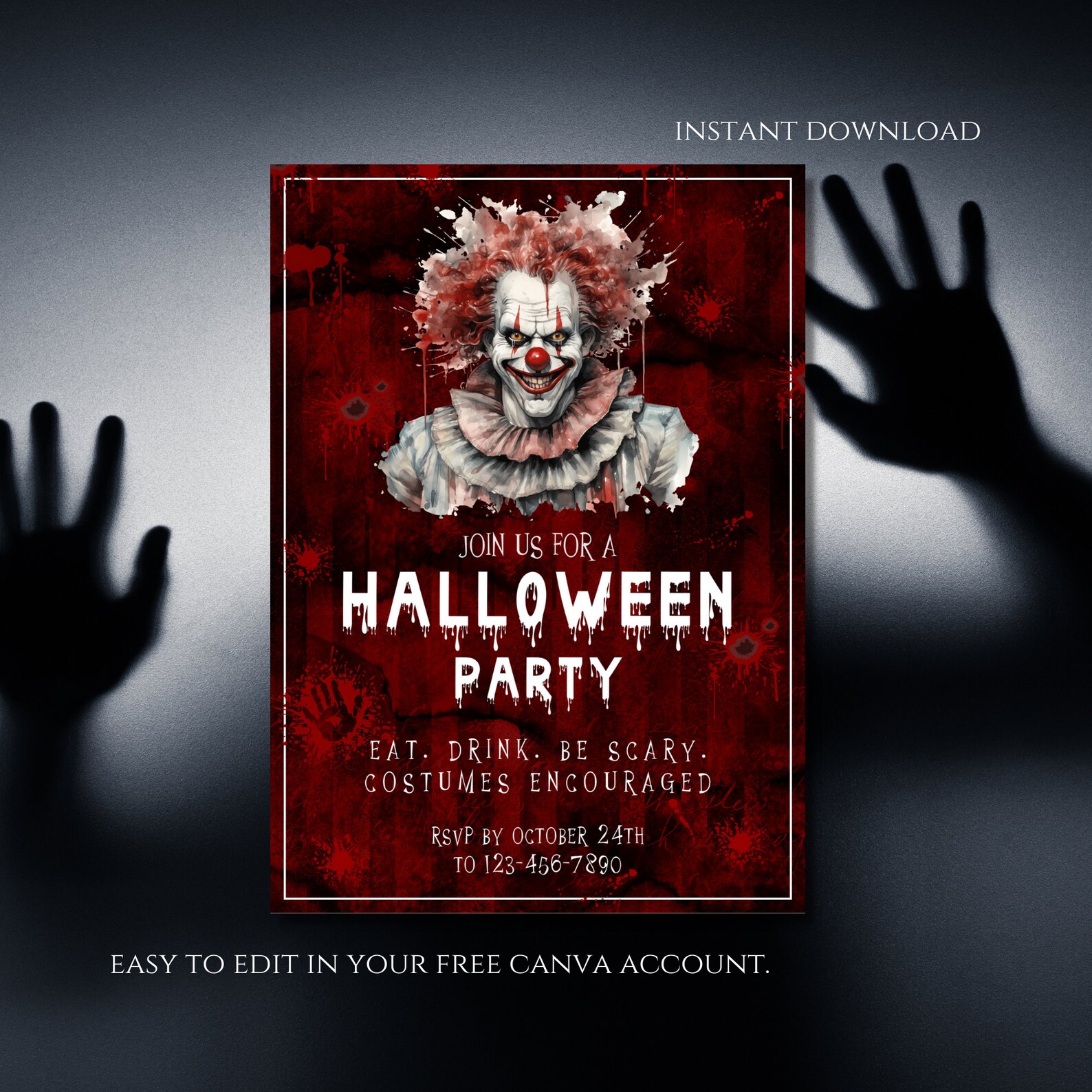 Editable Scary Clown Halloween Party Invitation Template, Printable ...