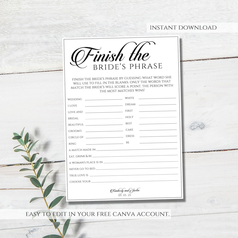 Finish the Phrase Bridal Shower Game: Editable Printable (instant ...