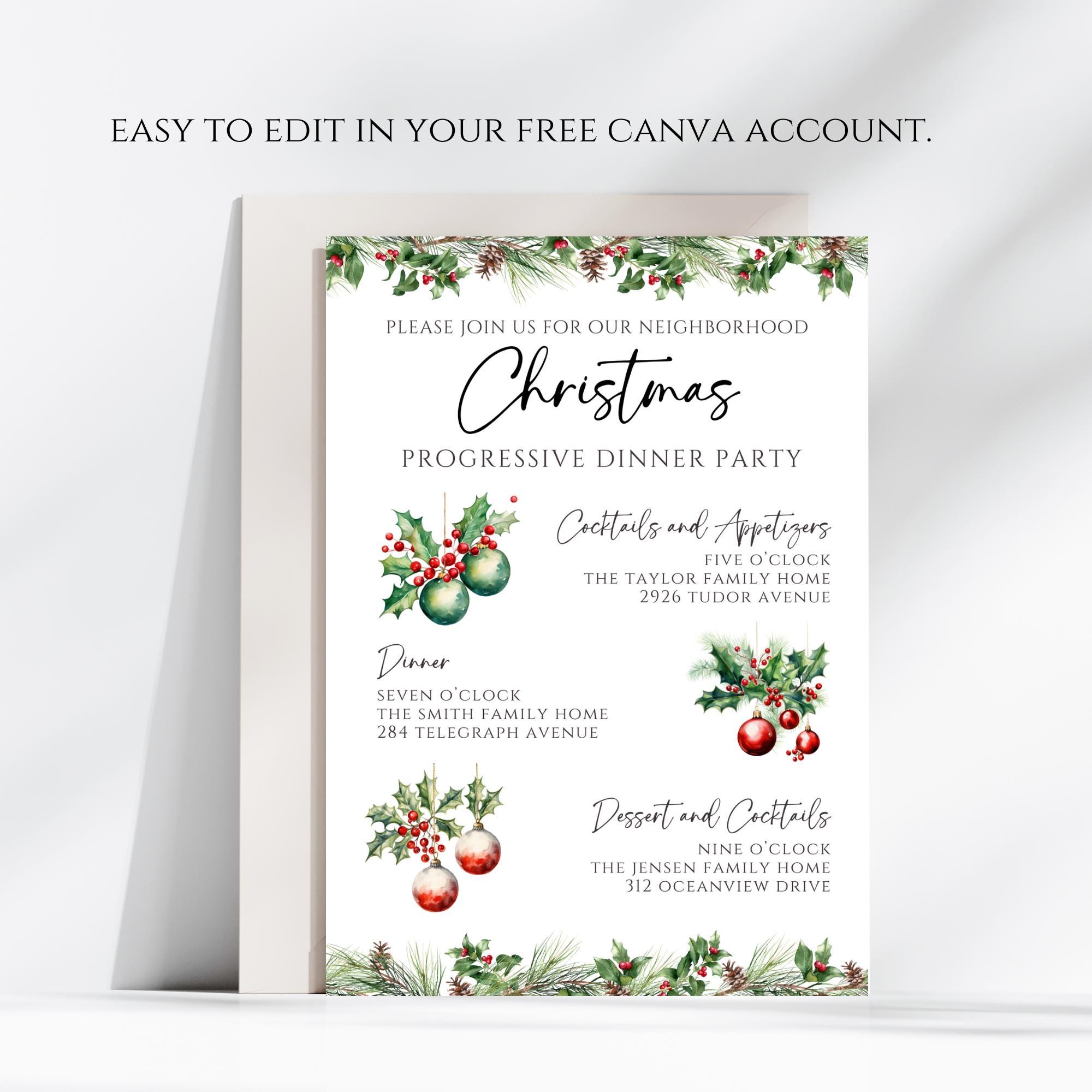 Christmas Progressive Dinner Party Invitation: Editable Holiday Potluck ...