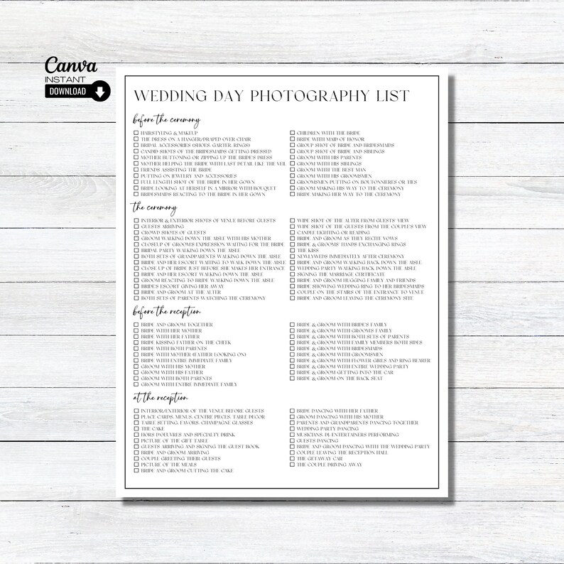 Editable Wedding Photography Checklist Photographer Form - Etsy