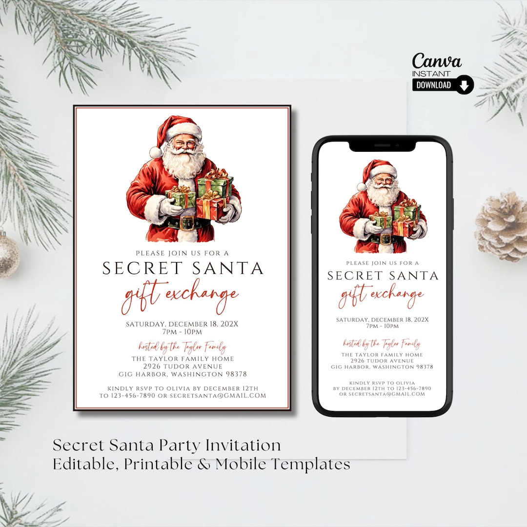 Editable Secret Santa Invitation Canva Template, Printable Secret Santa ...