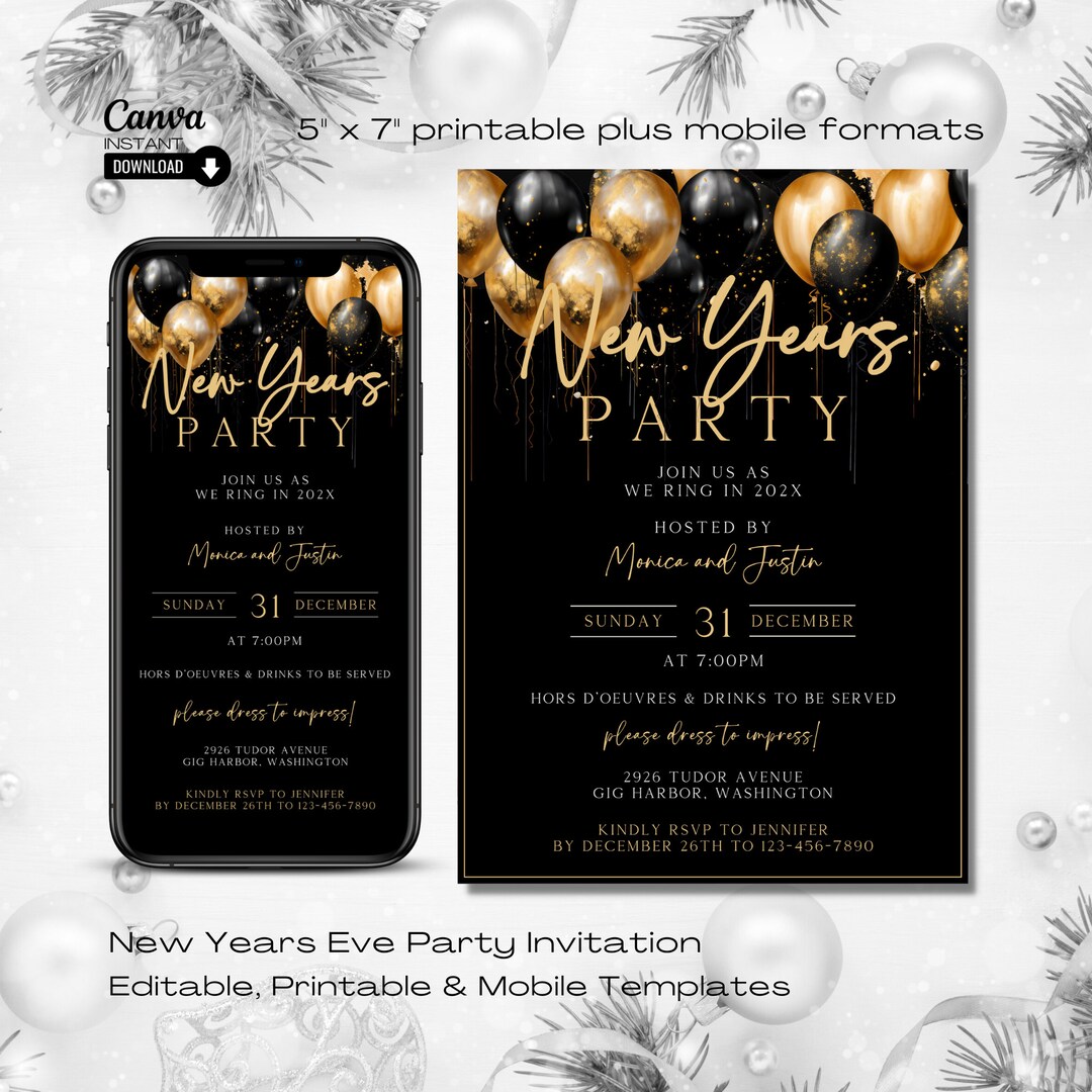 Editable New Years Eve Party Invitation Template, Printable NYE Black ...