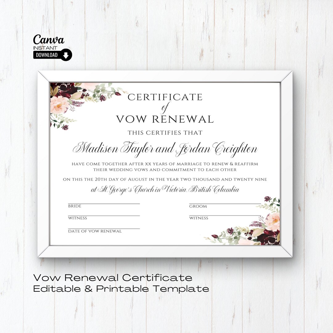 Editable Vow Renewal Certificate Template: Floral Wedding Keepsake ...