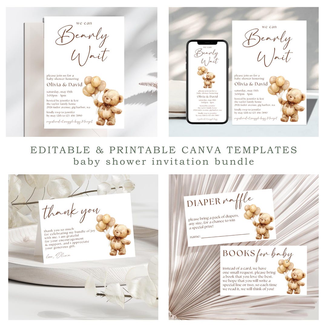 Teddy Bear Baby Shower Invitation Bundle: Gender Neutral Canva Template ...