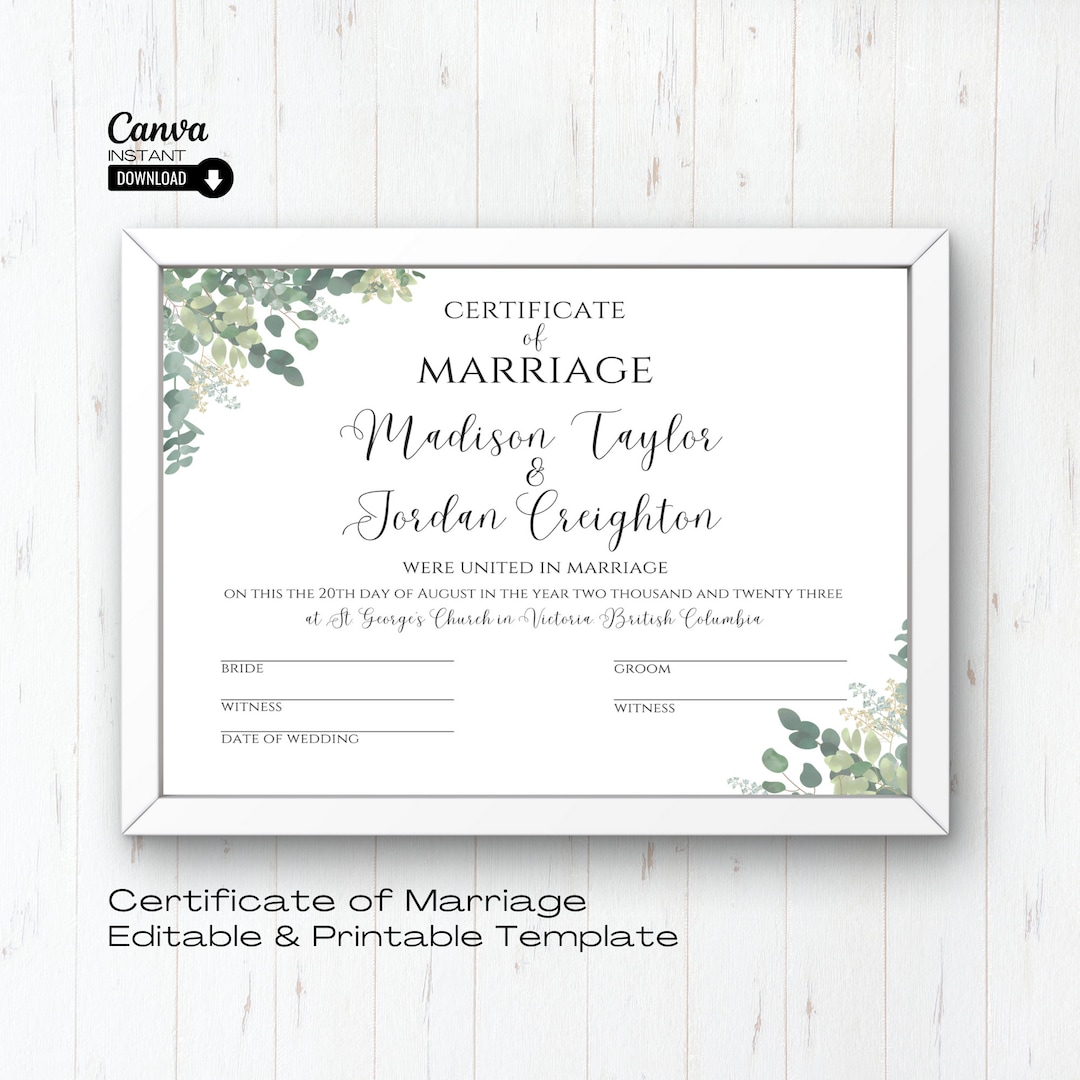 Editable Wedding Certificate Template: Eucalyptus Design (canva) - Etsy