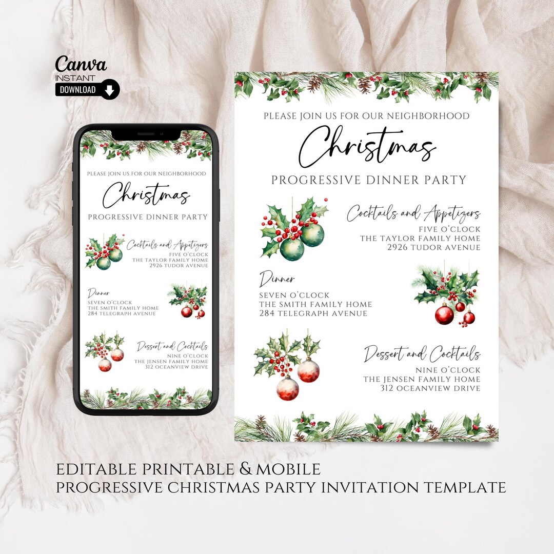 Christmas Progressive Dinner Party Invitation: Editable Holiday Potluck ...