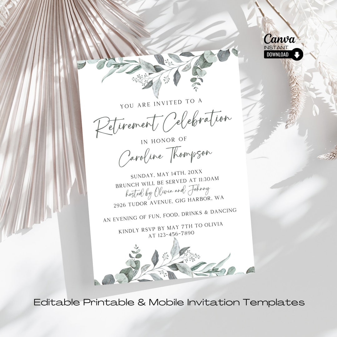 Editable Retirement Party Invitation Template: Watercolor Eucalyptus ...