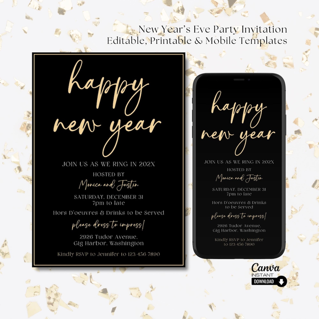 Editable New Year's Eve Party Invitation: Black and Gold (digital ...