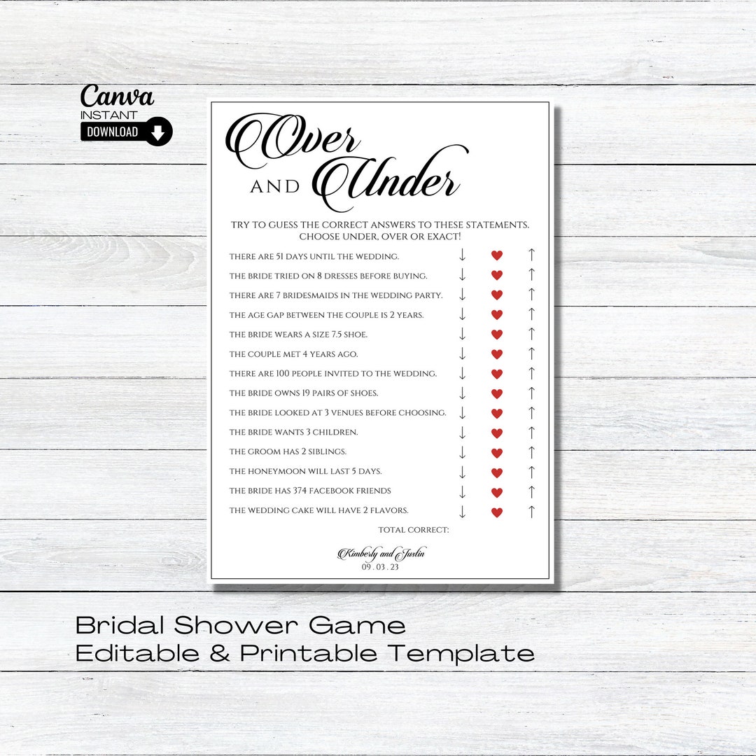 Minimalist Bridal Shower Game: Over or Under Trivia (printable Template ...