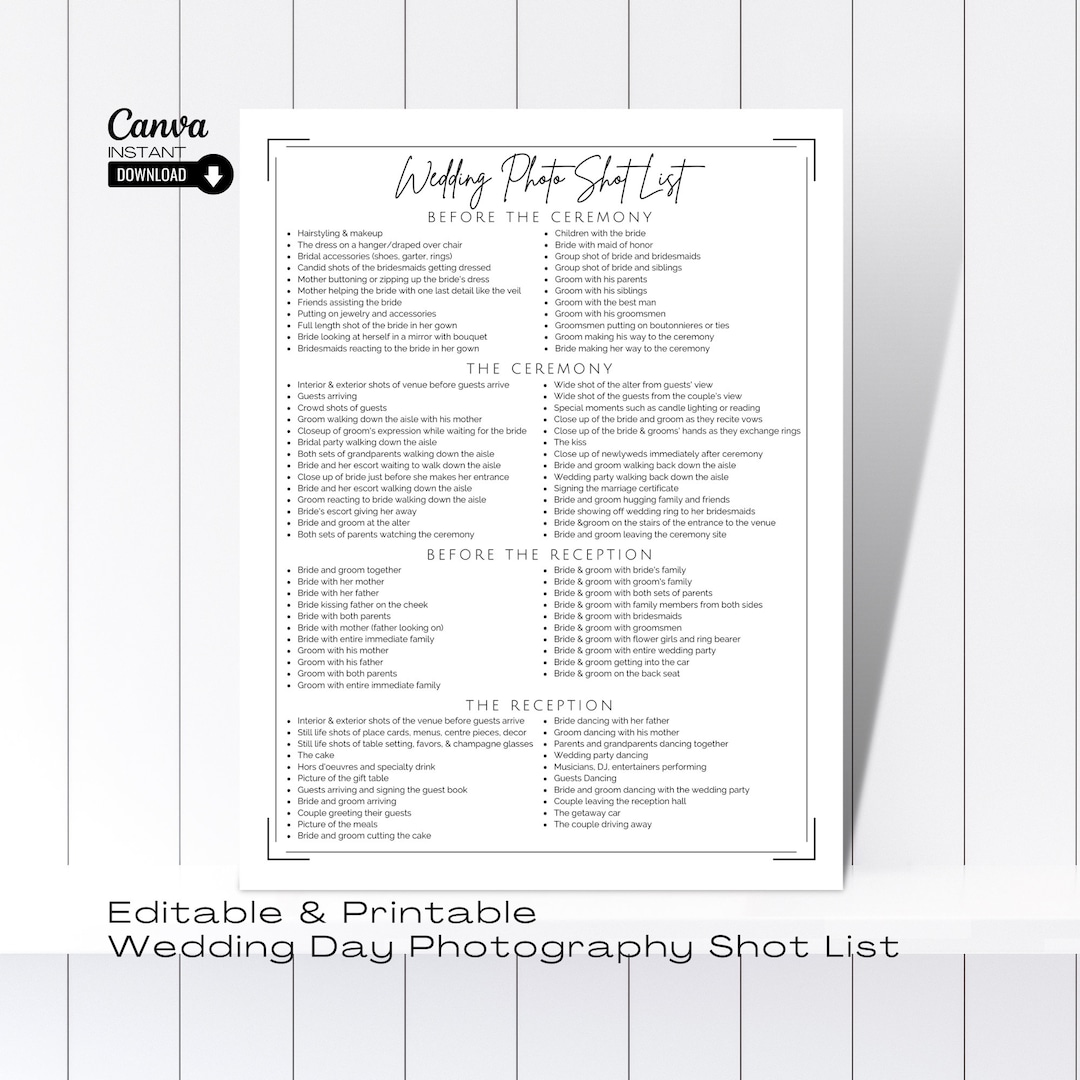 Editable Wedding Photography Checklist, Photographer Shot List Template ...