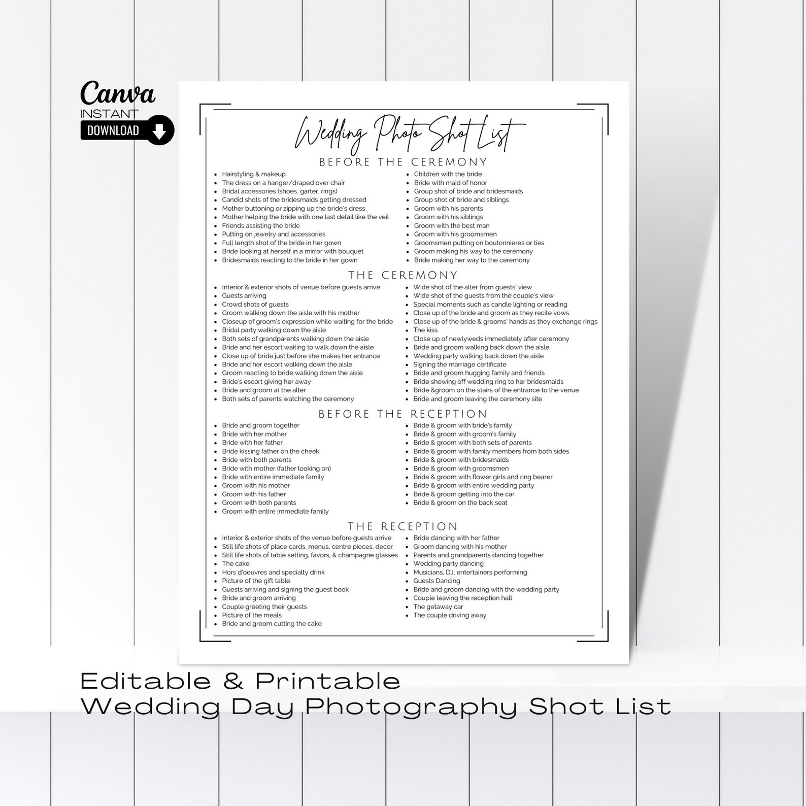 Editable Wedding Photography Checklist, Photographer Shot List Template ...