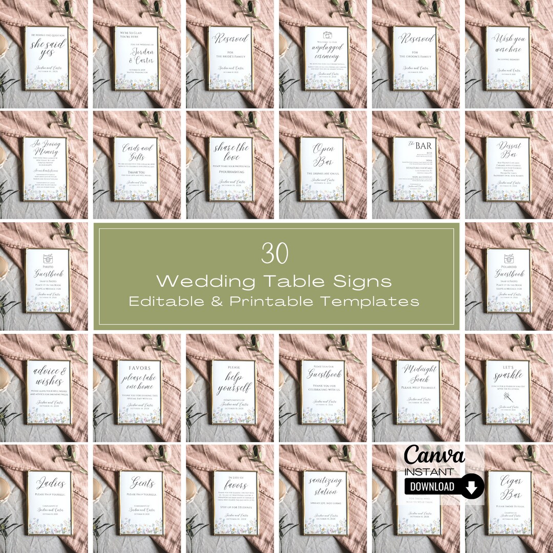 Editable Wedding Signs Bundle, 30 Printable Modern Botanical Wedding ...