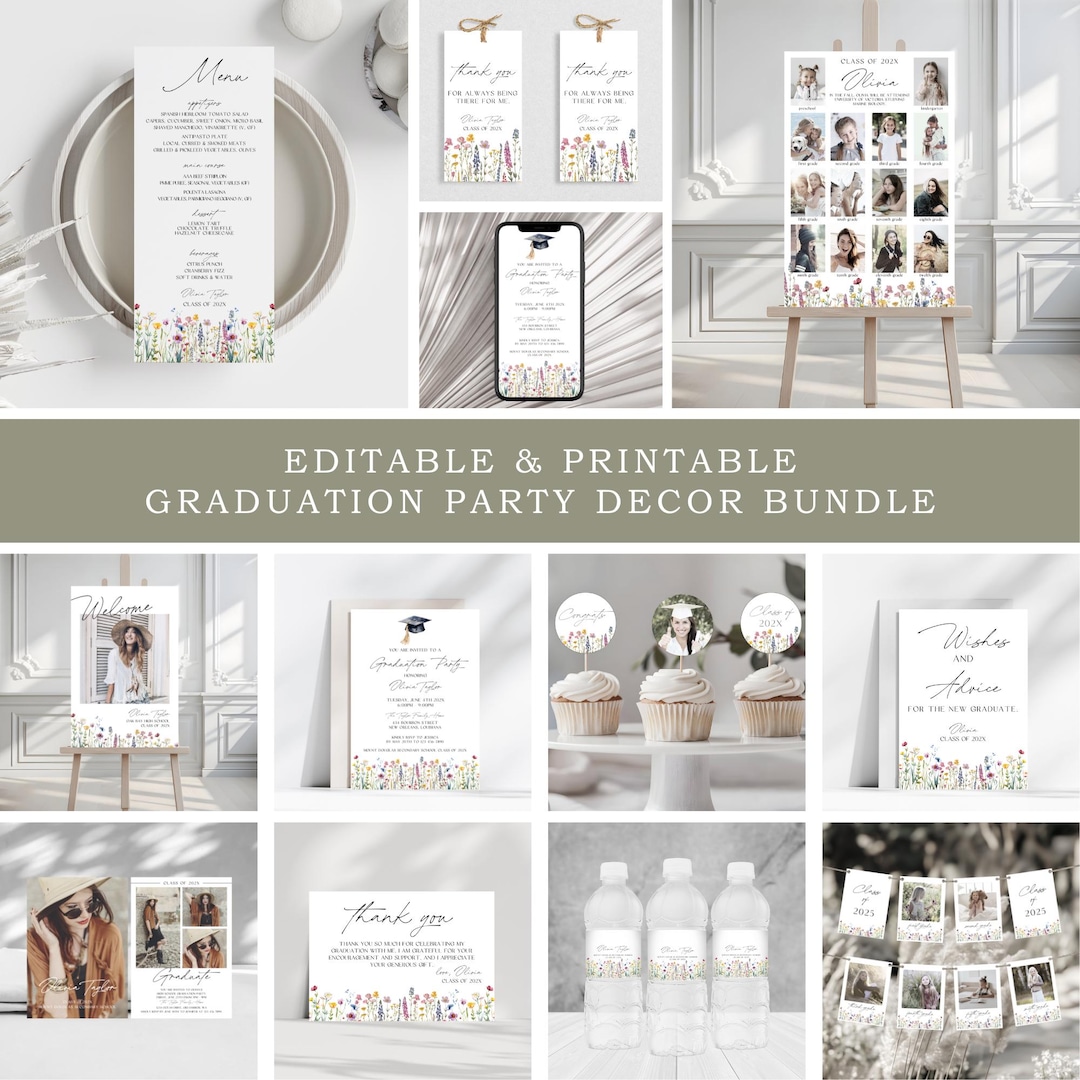 Wildflower Graduation Party Decor Bundle: Editable Invitation Template ...