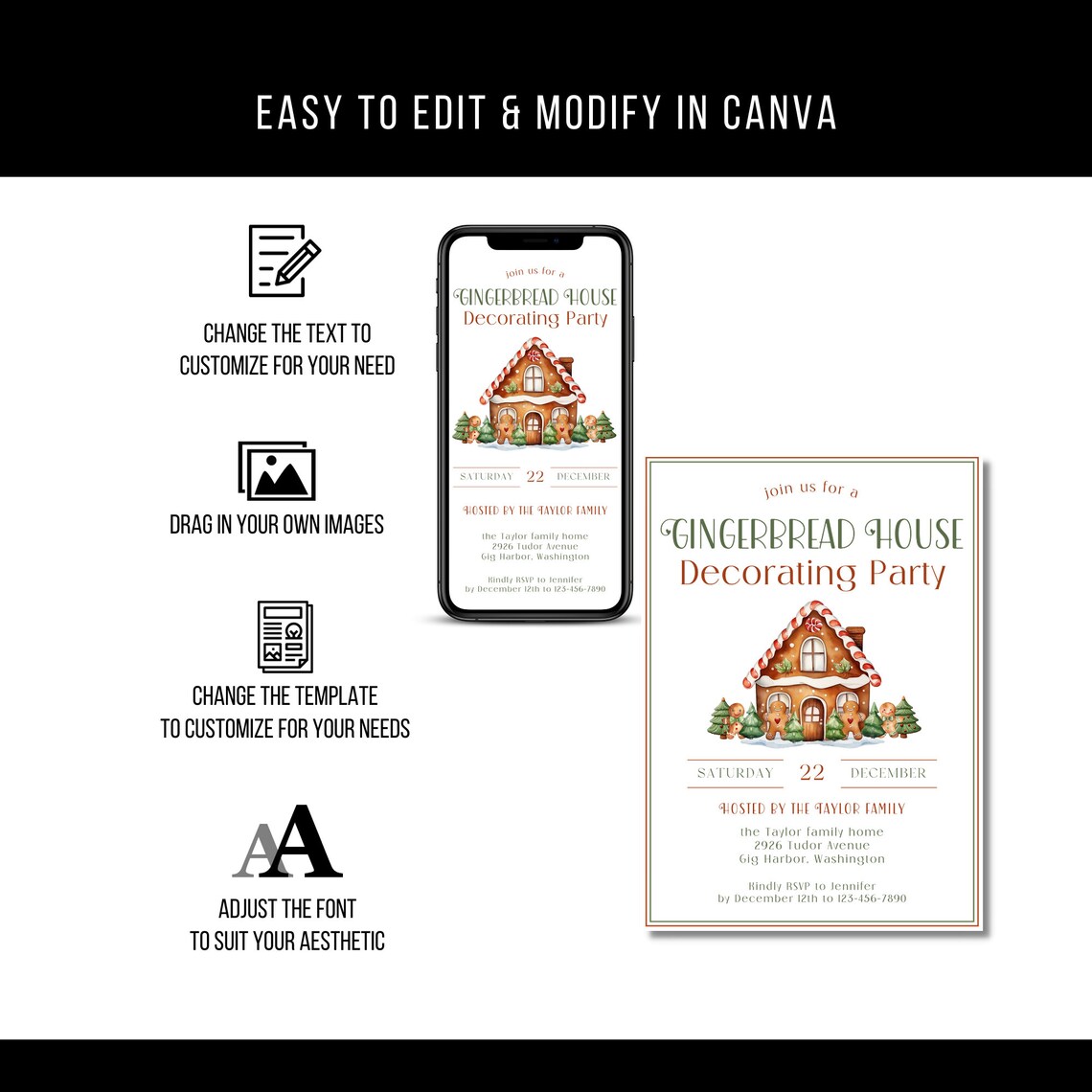 Editable Gingerbread House Decorating Party Invitation (canva Template ...