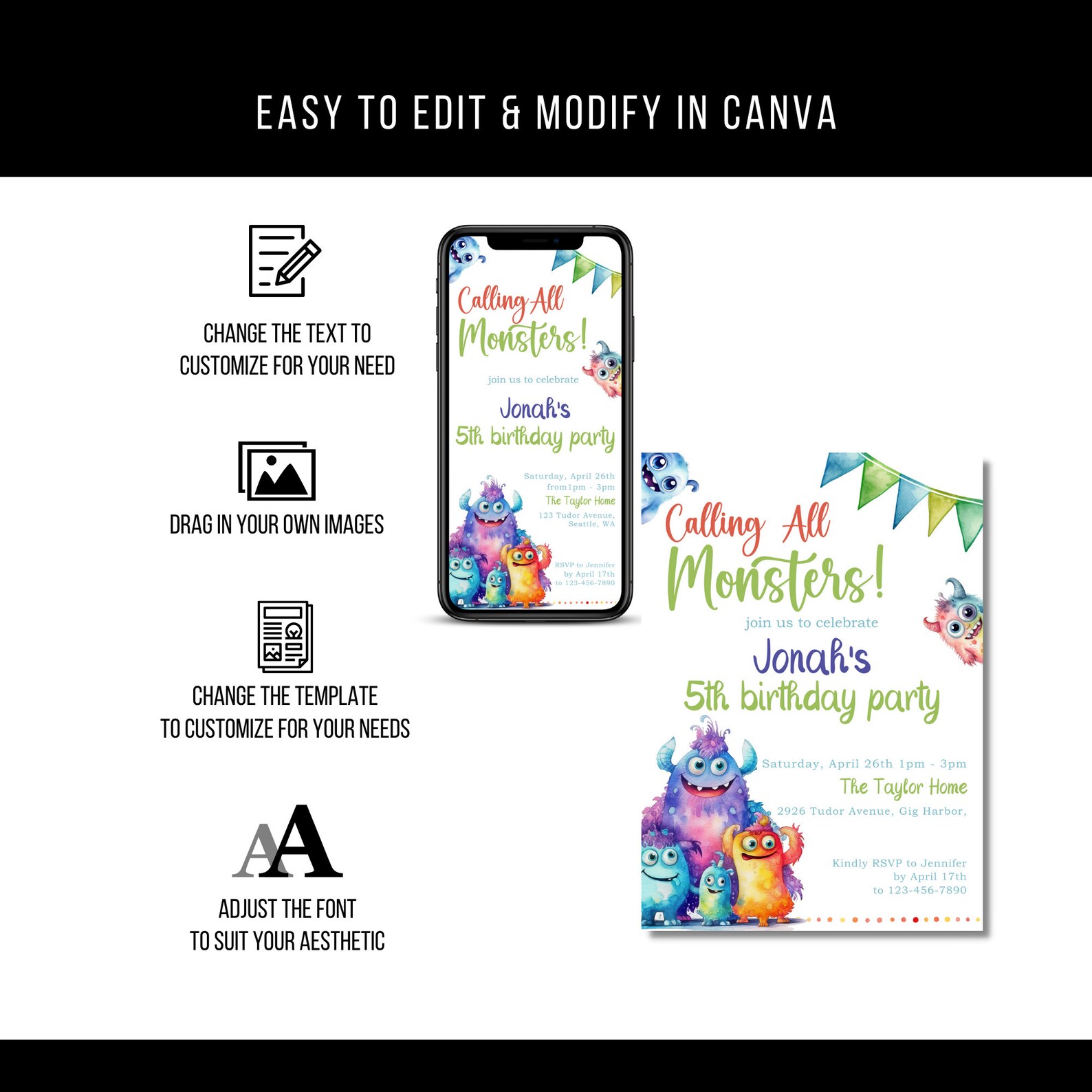 Editable Monster Birthday Party Invitation Template Printable - Etsy