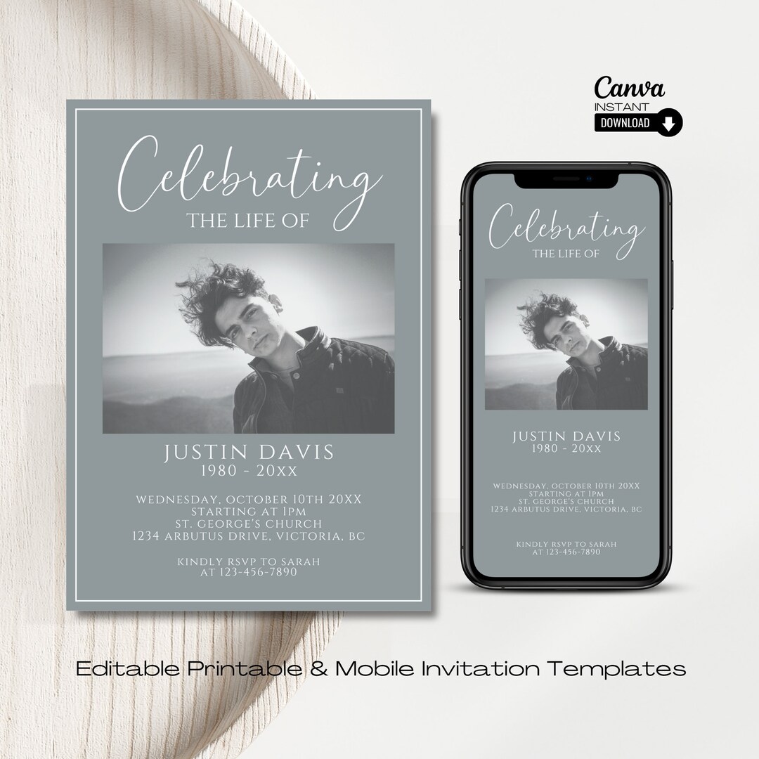Celebration of Life Invitation, Funeral Announcement, Editable Memorial ...