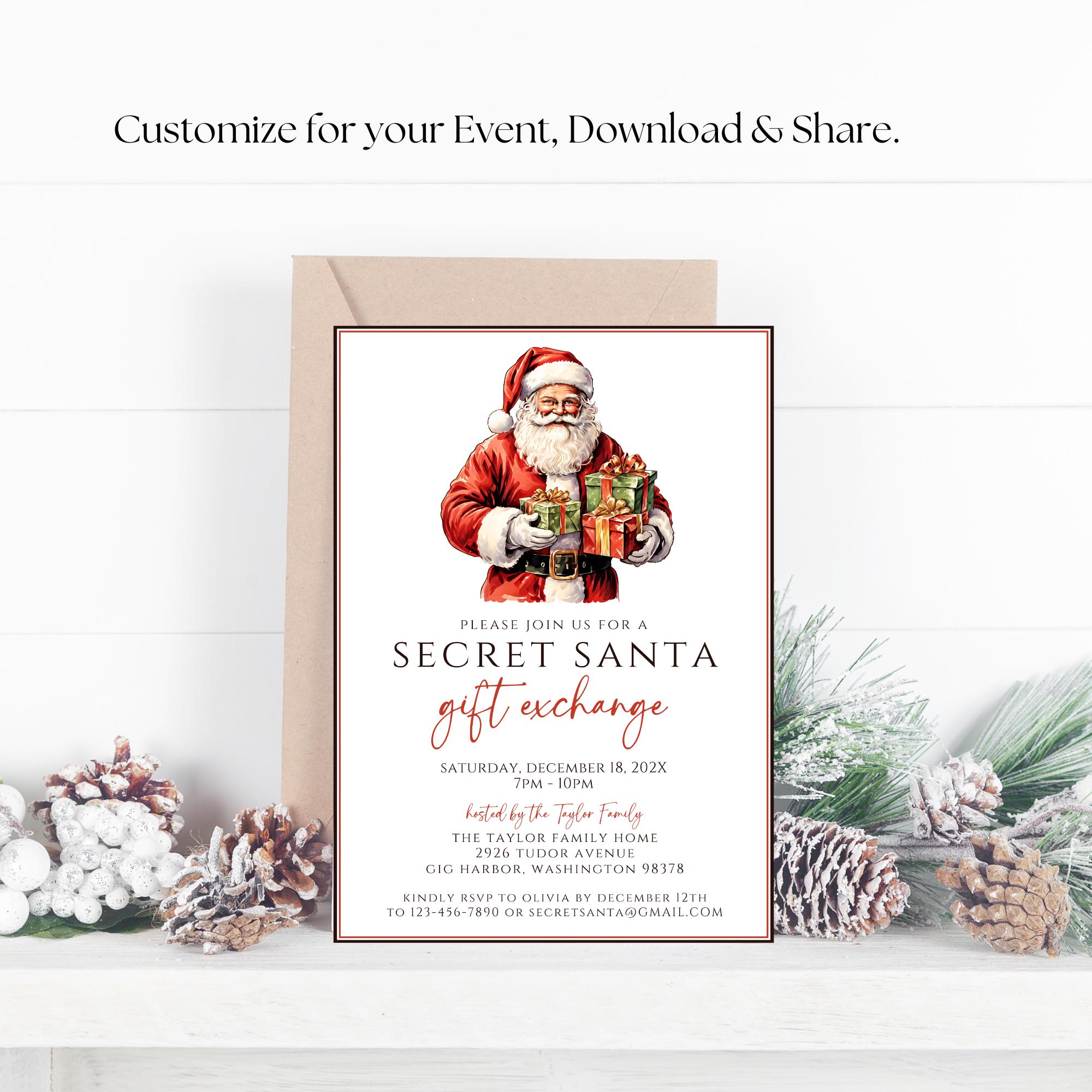Editable Secret Santa Invitation: Watercolor Santa, Printable & Mobile ...